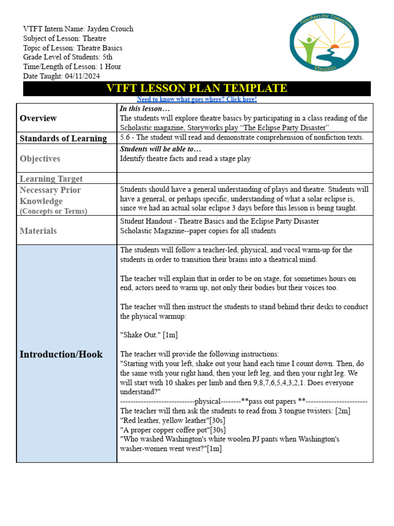 Jayden Crouch - Theatre Basics Lesson Plan 1 | PDF | Lesson Plan | Reading Comprehension
