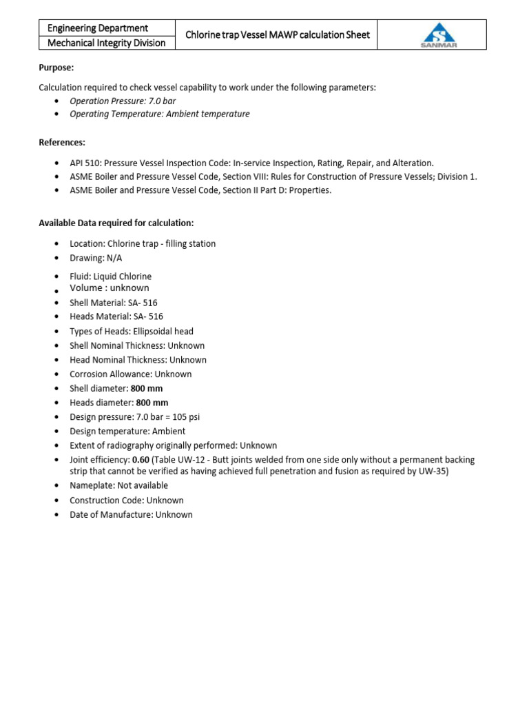 Chlorine Trap Vessel MAWP Calculation Sheet | Download Free PDF ...