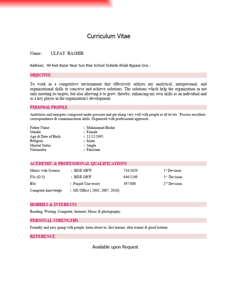 Ulfat Bashir CV: Skills & Qualifications | PDF | Career & Growth