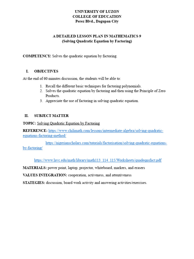 Lesson Plan | PDF | Factorization | Equations