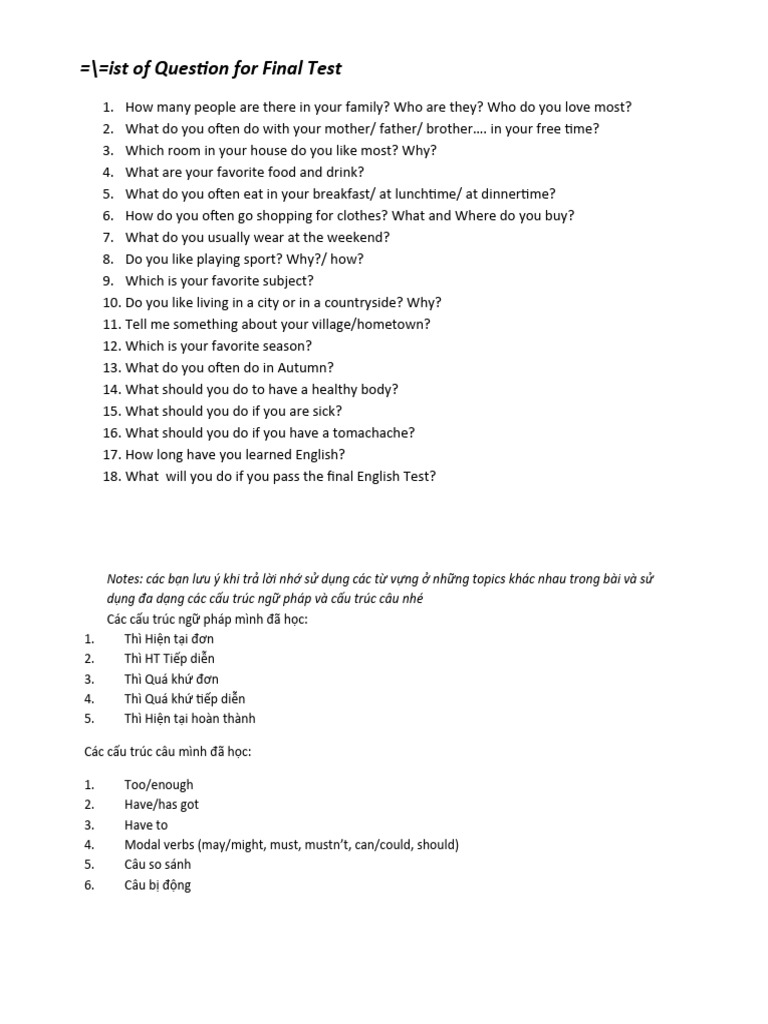List of Question For Final Test | PDF | Career & Growth | Language Arts ...