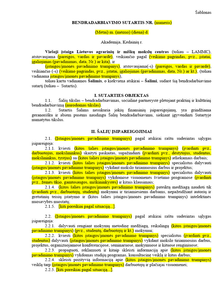 Bendradarbiavimo Sutarties Sablonas Naujas | PDF