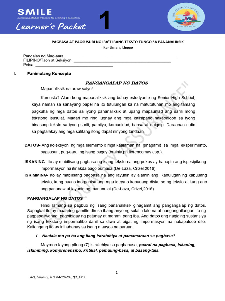 FSHS Pagbasa Q2 SLP-5 | PDF