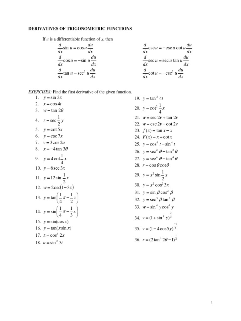 Differentiation Formulas For Trigonometric, Exponential, and Logarithmic Functions | PDF ...