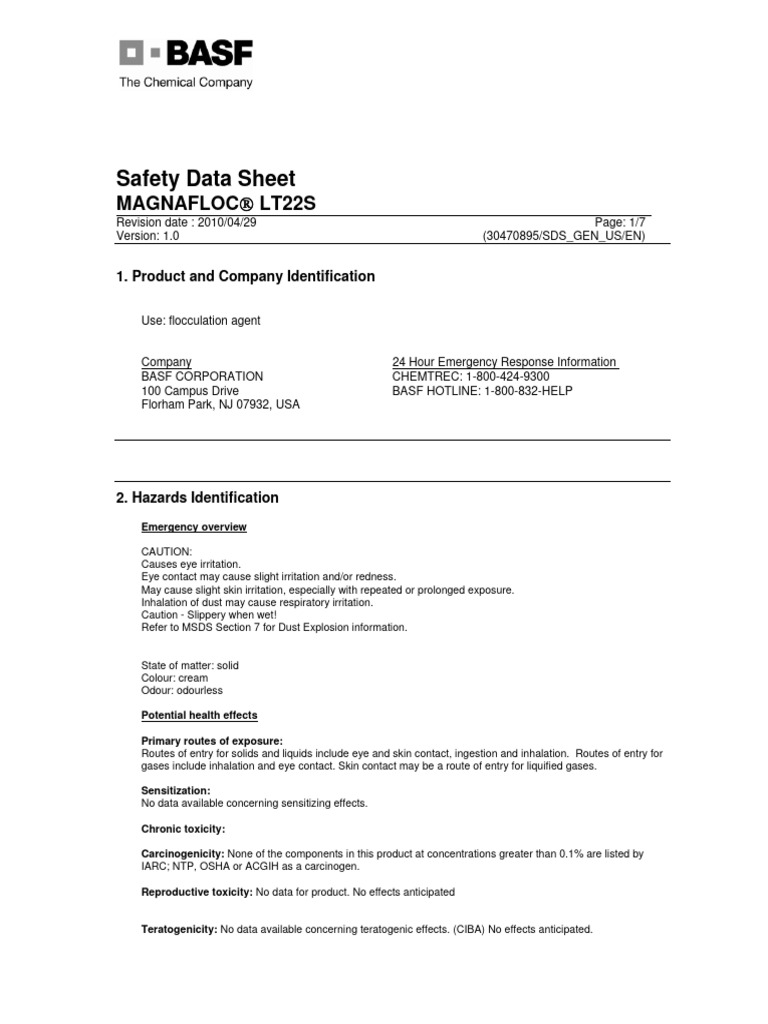 Magnafloc LT22S MSDS 1 | Download Free PDF | Toxicity | Personal ...