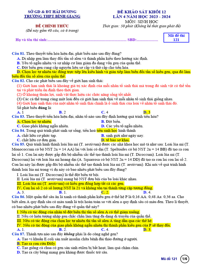 Khảo sát học kì 2 sinh 12 trường THPT Bình Giang | PDF