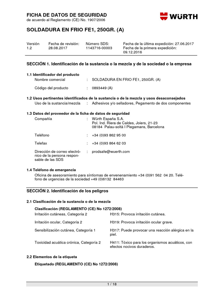 MSDS Pegamento Frio Wurt | PDF | Residuos | Química