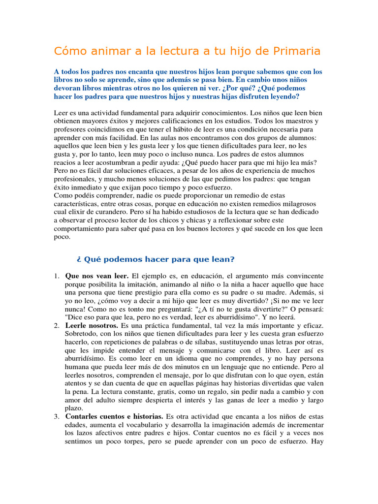 Como Animar A La Lectura A Tu Hijo de Primaria | PDF | Relaciones personales, crianza y ...