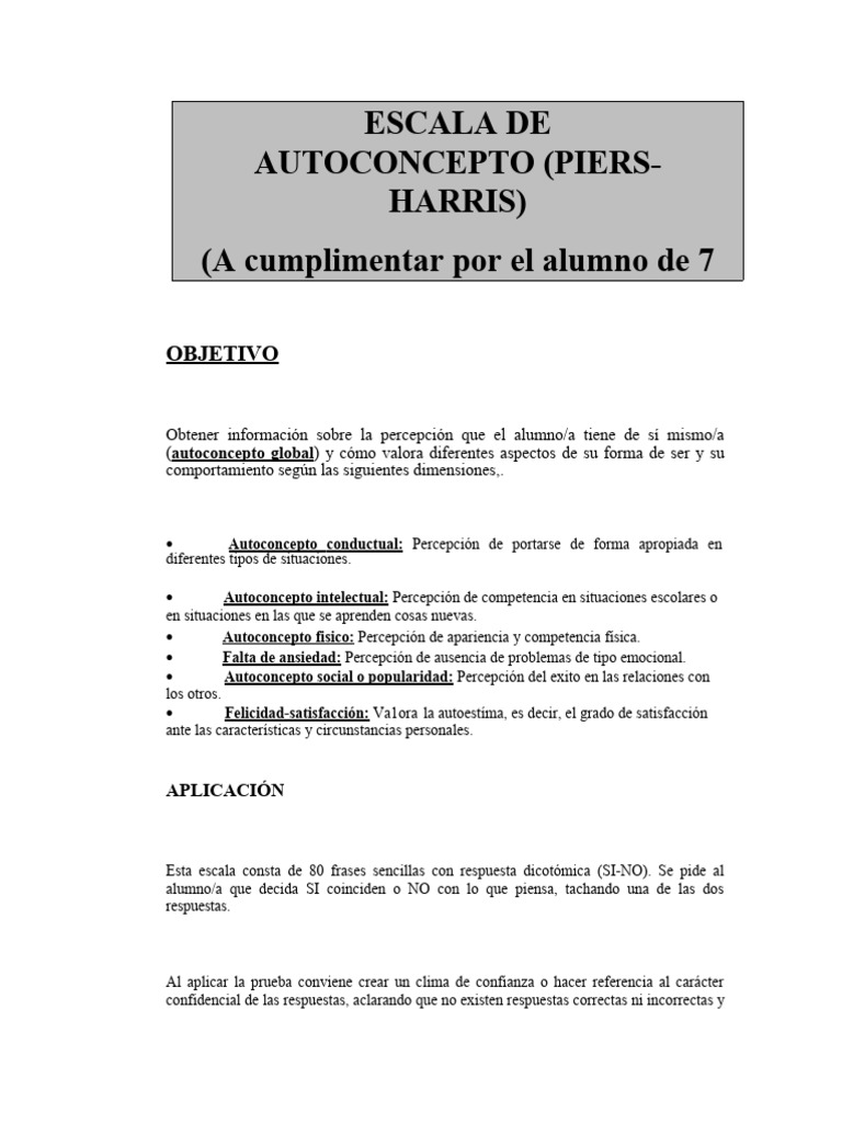 Escala de Autoconcepto Pier Harris | Descargar gratis PDF | Conceptos ...