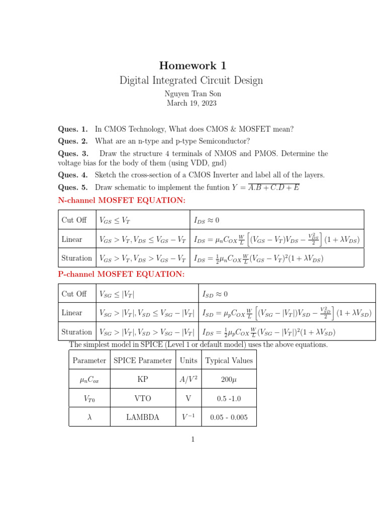Homework 1 Digital Integrated Circuit Design: N-Channel MOSFET EQUATION ...