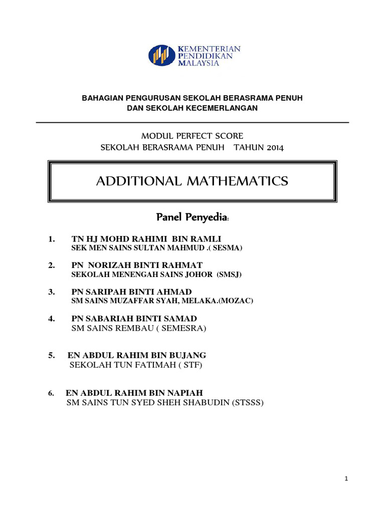 0.0 Muka Depan Additional Mathematics Perfect Score | PDF | Schools | Education Policy