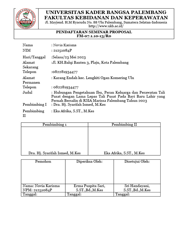 Contoh FORMULIR PENDAFTARAN SEMINAR PROPOSAL | PDF