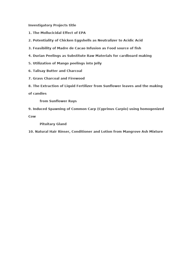 Samples of Investigatory Projects TITLES | PDF