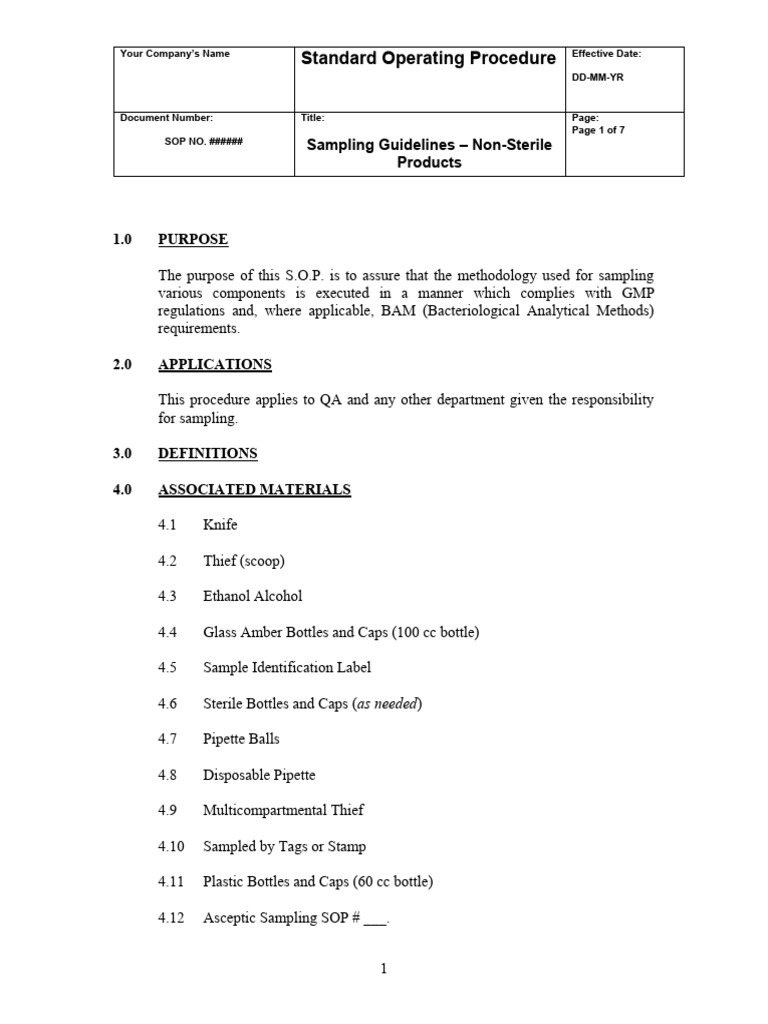 Non-Sterile Product Sampling SOP | PDF | Glasses