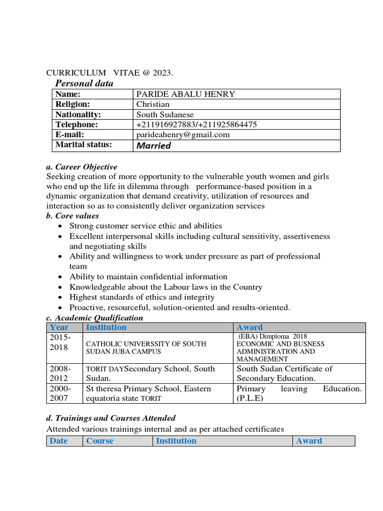 Paride Aba Henry CV | PDF | South Sudan