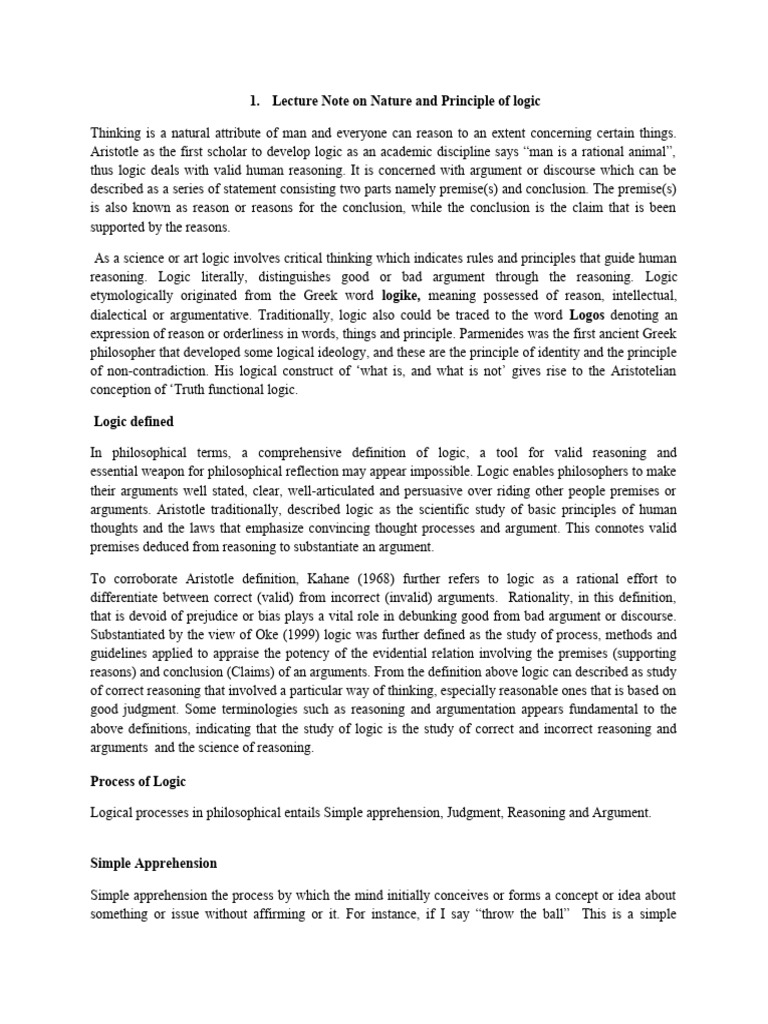 Lecture Note On Nature and Principle of Logic (Complete Notes ...