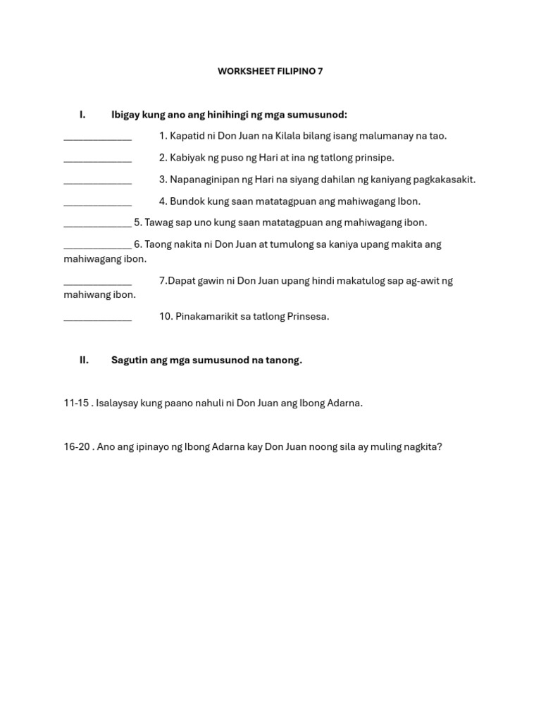 Worksheet Filipino 7-04-23 2024 | PDF