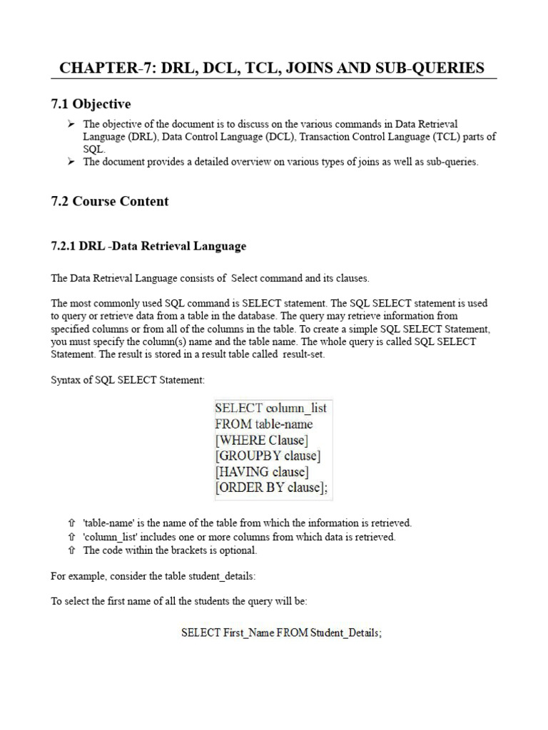 2 - Content - DRL, DCL, TCL, Joins and Subqueries | PDF | Sql | Data Management