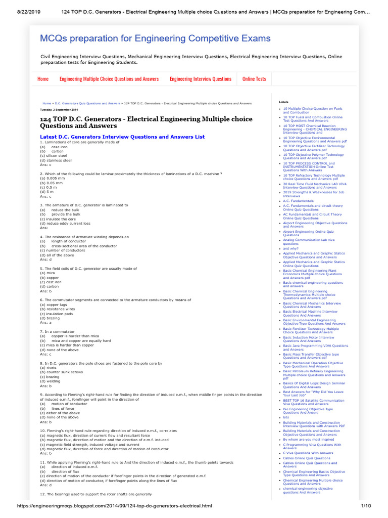 124 TOP D.C. Generators - Electrical Engineering Multiple Choice ...