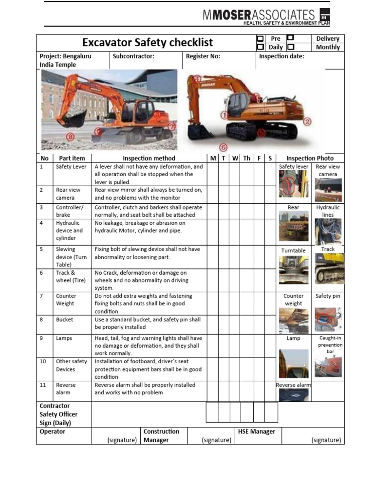 KA 43 Excavator Safety Checklist | PDF | Vehicle Technology | Motor Vehicle