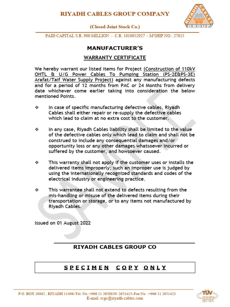 Warranty Certificate Standard Cables - (Specimen Copy) | PDF