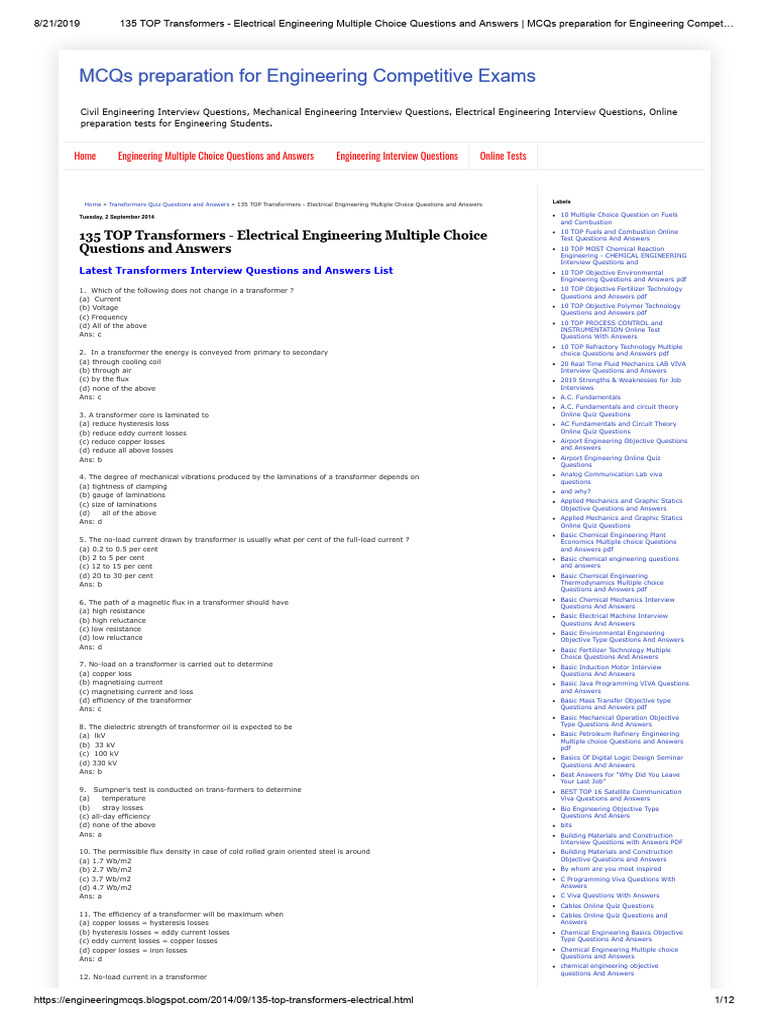 135 TOP Transformers - Electrical Engineering Multiple Choice Questions and Answers - MCQs ...