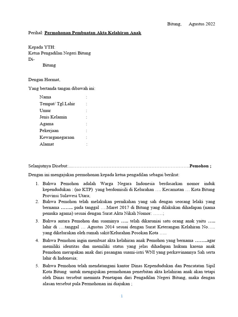 Permohonan Pembuatan Akta Kelahiran Anak di PN | PDF