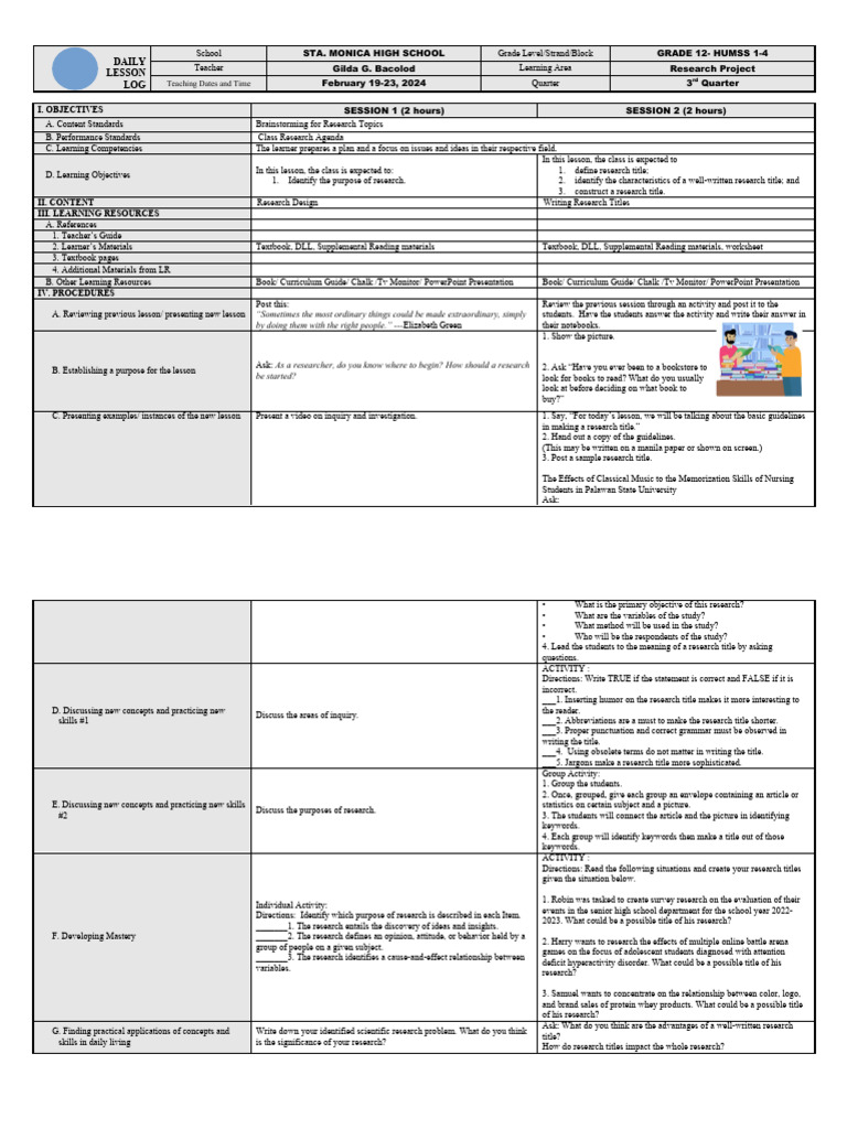 Daily Lesson LOG: I. Objectives | PDF | Learning | Curriculum