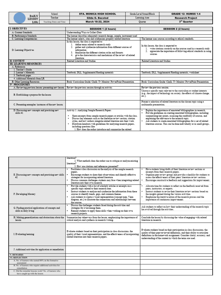 Daily Lesson LOG: I. Objectives | PDF | Learning | Citation