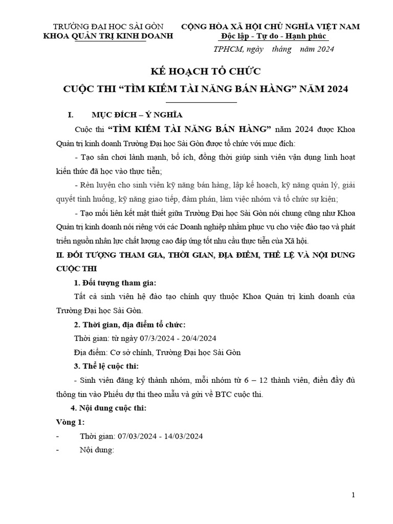 KE HOACH CUOC THI BAN HANG - Mùa 2 - 2024 - Truyen Thong | PDF