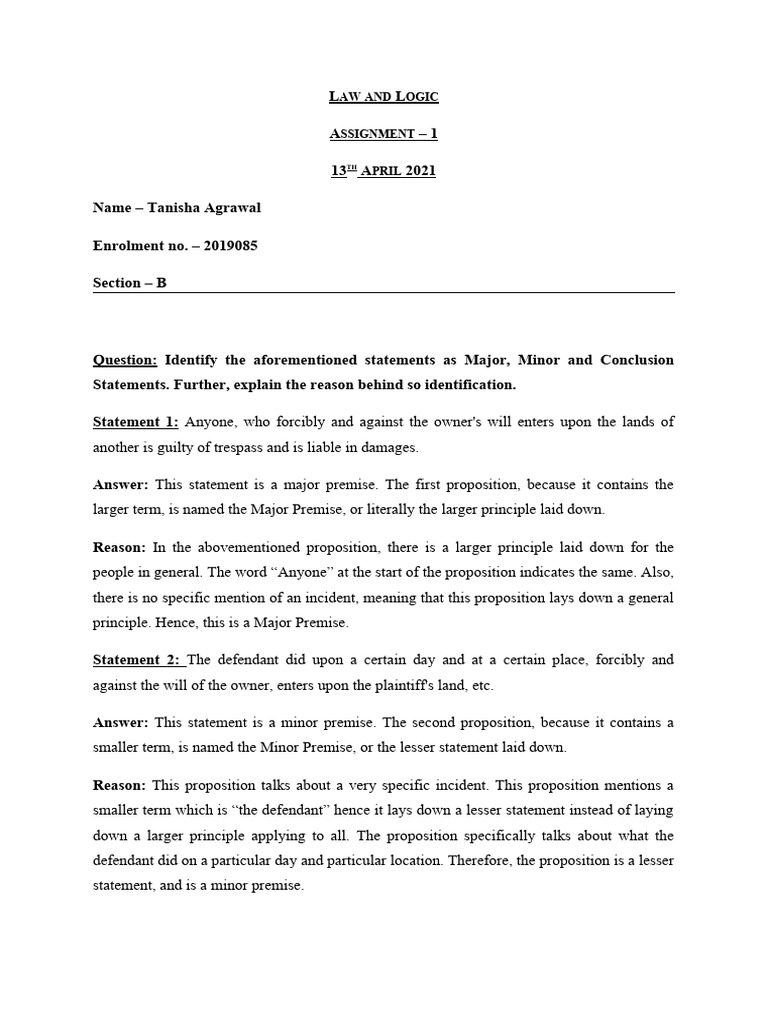 Law and Logic Assignment 1 | PDF | Logic | Reason