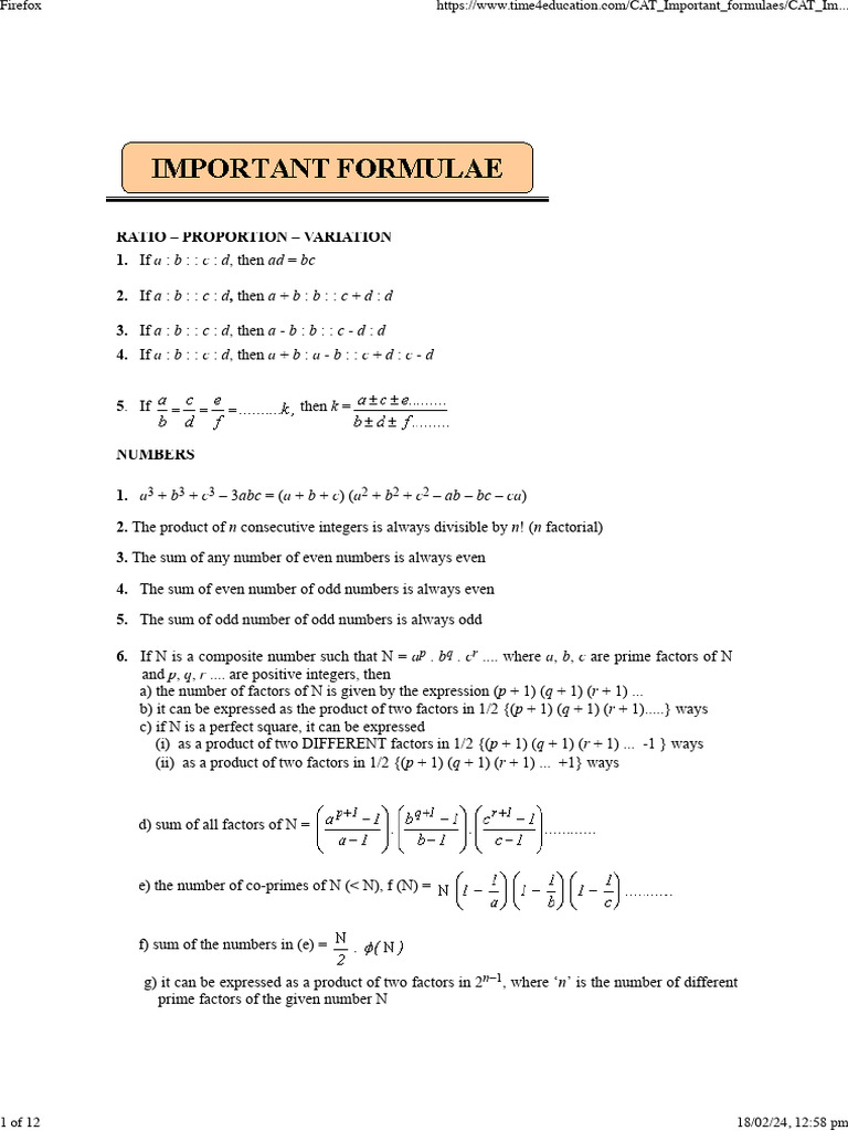 Important Formulae - For CAT | PDF | Euclidean Plane Geometry | Mathematics
