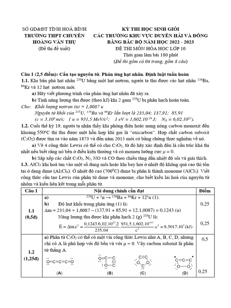 Đáp án đề xuat DHBB Hoa hoc 10 | PDF