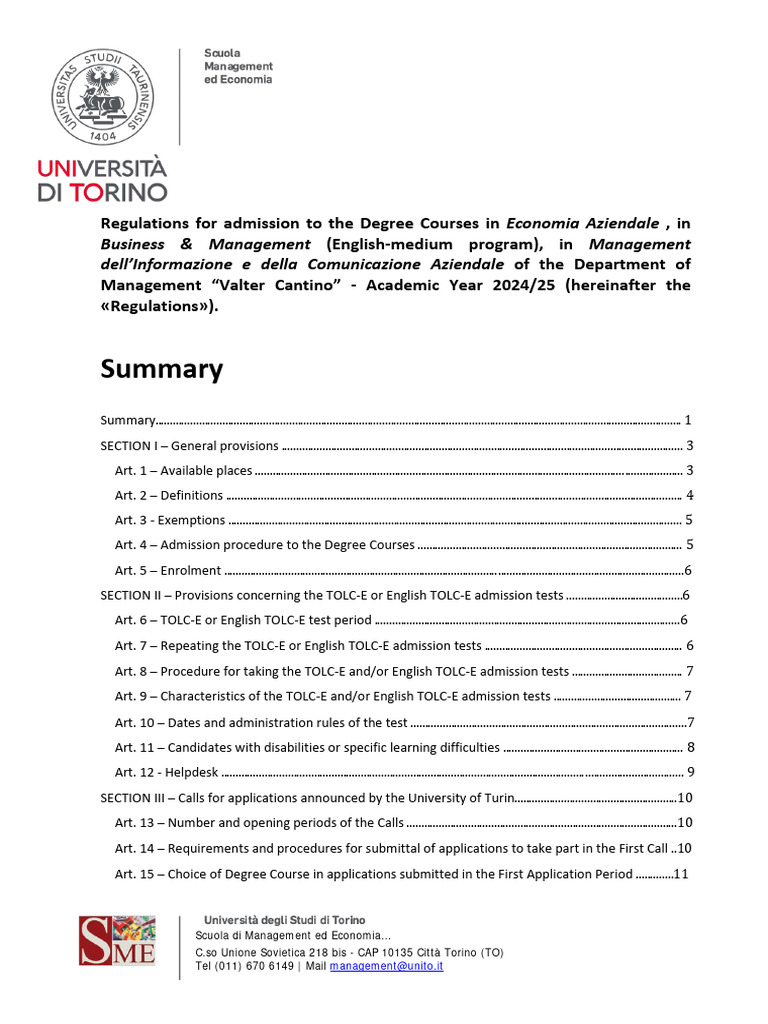 Regulations For Admission To The Degree Courses Tolc 2024-25 Eng | PDF ...
