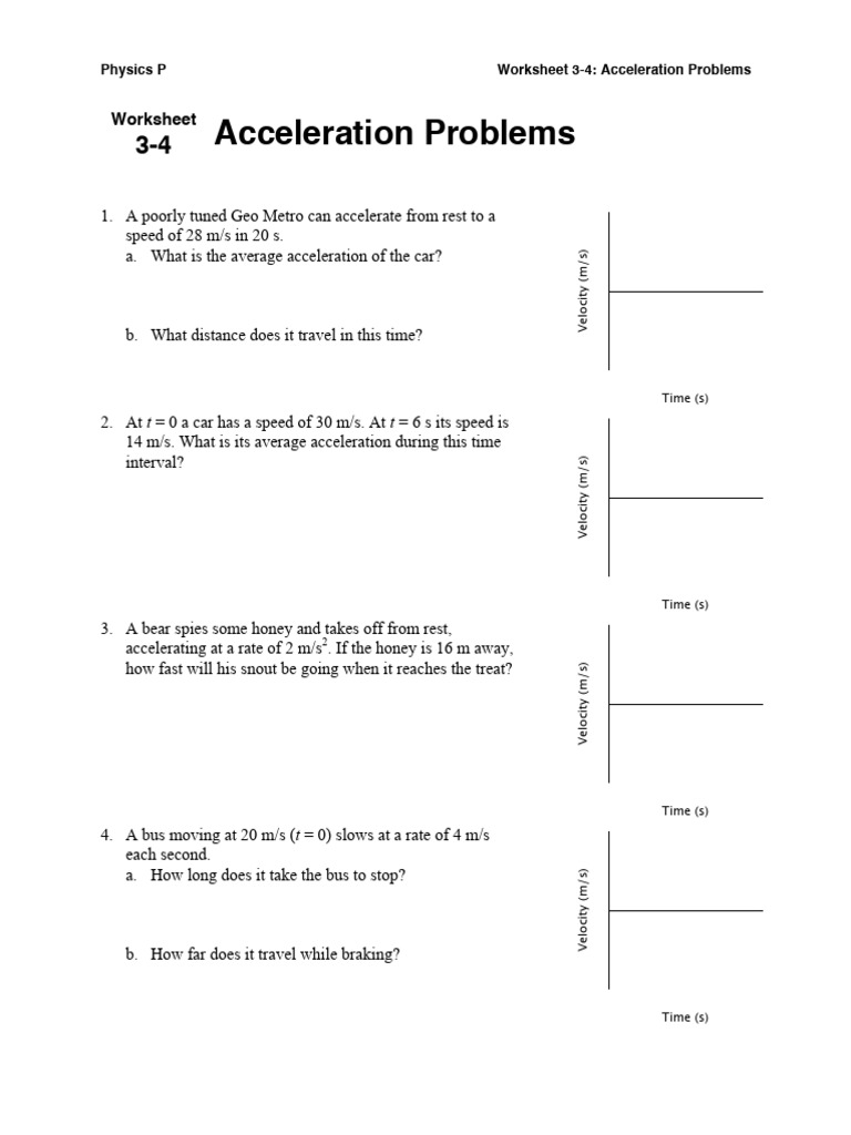 3-4 Worksheet Acceleration Problems | PDF | Speed | Acceleration