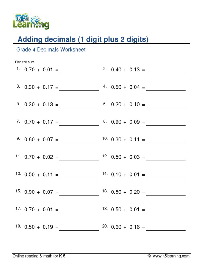 Grade 4 Adding Decimals 1 Digit Plus 2 Digit D | PDF | Teaching Methods ...