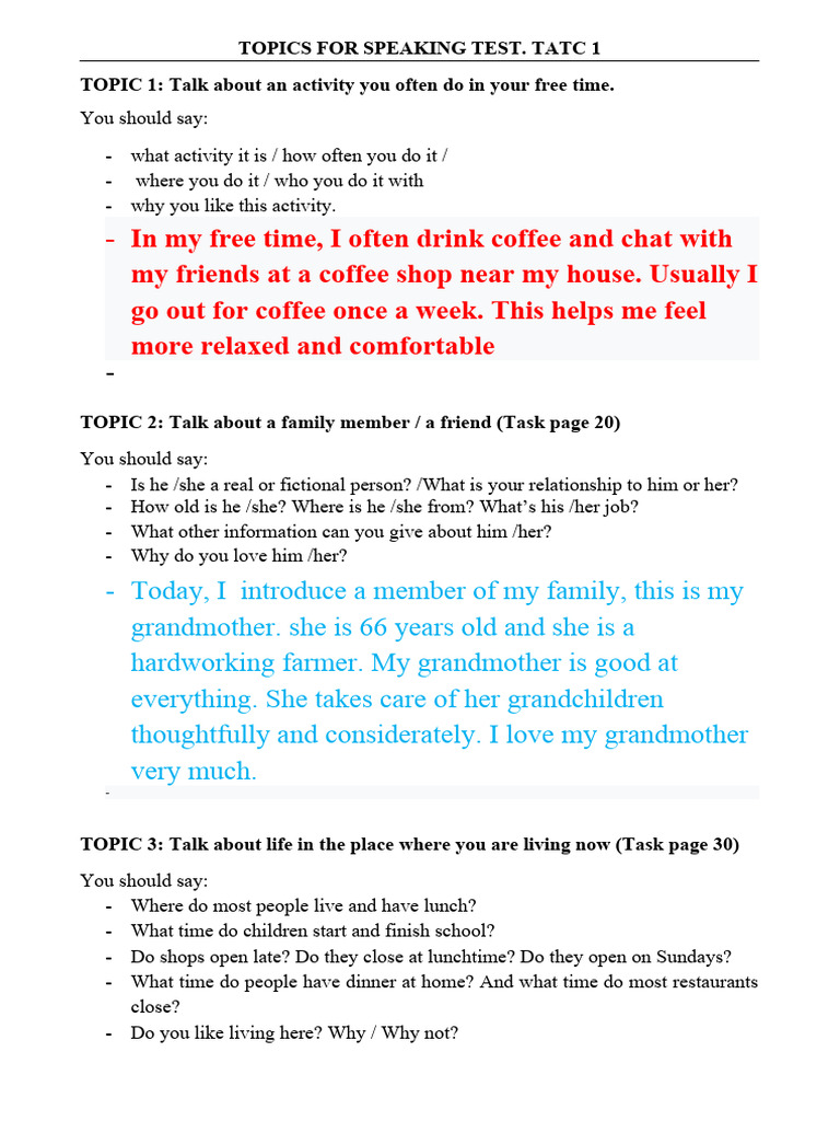 Topics For Speaking Test 1 | PDF | Lunch