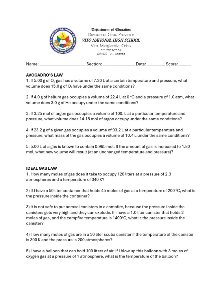 Avogadros and Ideal Gas | PDF | Science & Mathematics