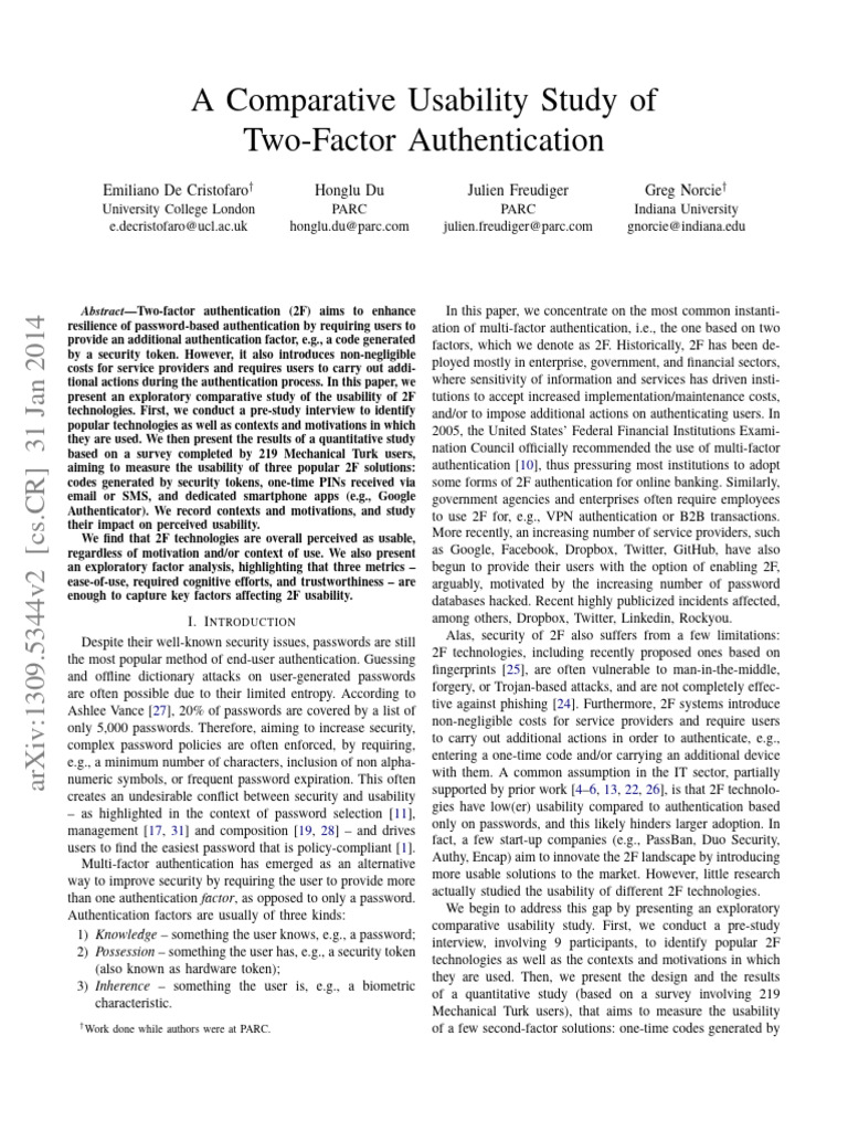 A Comparative Usability Study of Two-Factor Authentication: Emiliano de Cristofaro Honglu Du ...