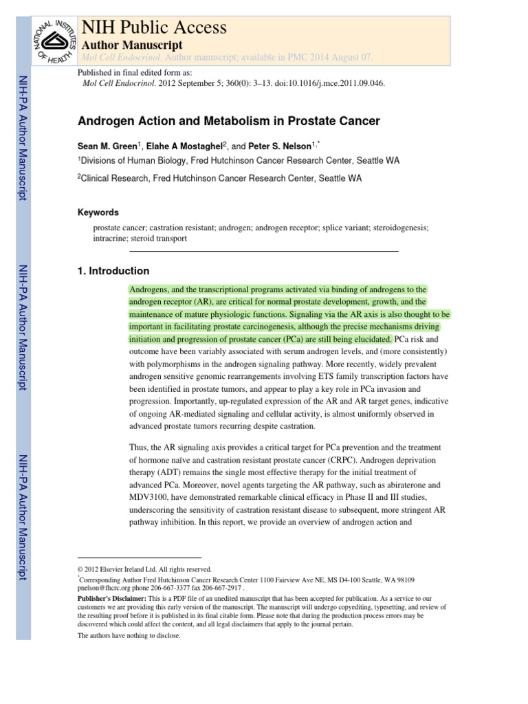 Green SM 2012 - Androgen Action and Metabolism in Prostate Cancer | PDF ...