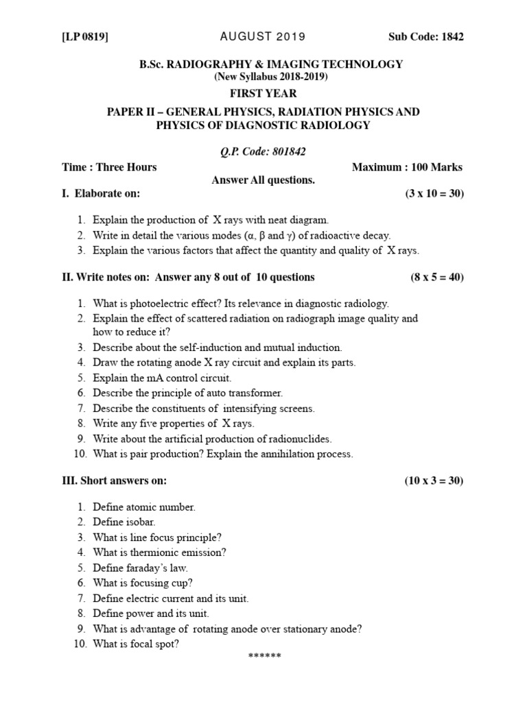 Radiography Physics Exam Questions | PDF | X Ray | Radiography