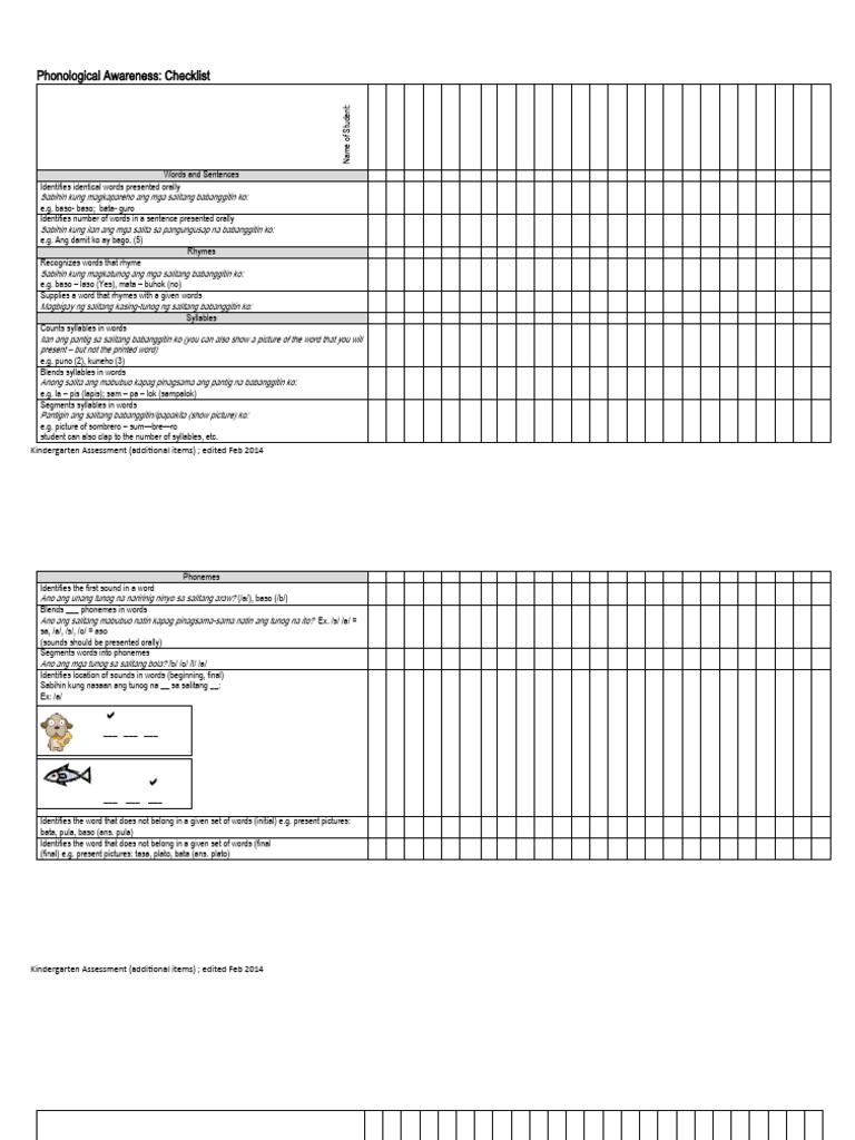 Kindergarten Phonological Awareness Checklist - Rev | PDF | Word ...