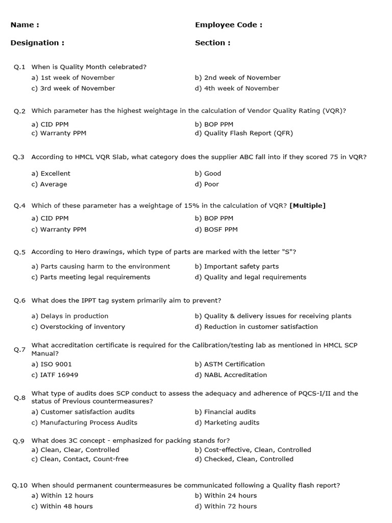 Test Paper - HMCL SCP Manual Training | PDF | Audit | Iso 9000