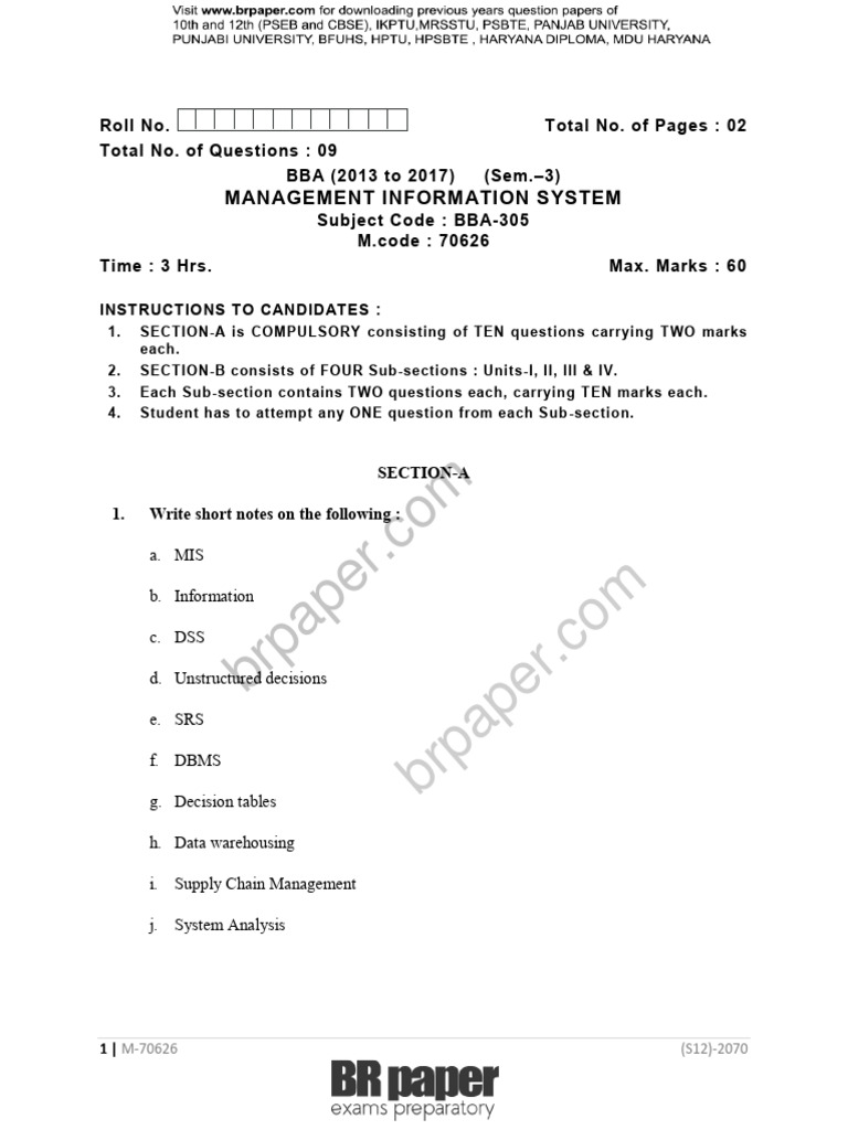 BBA Management Information System Exam Guide | PDF | Databases | Business