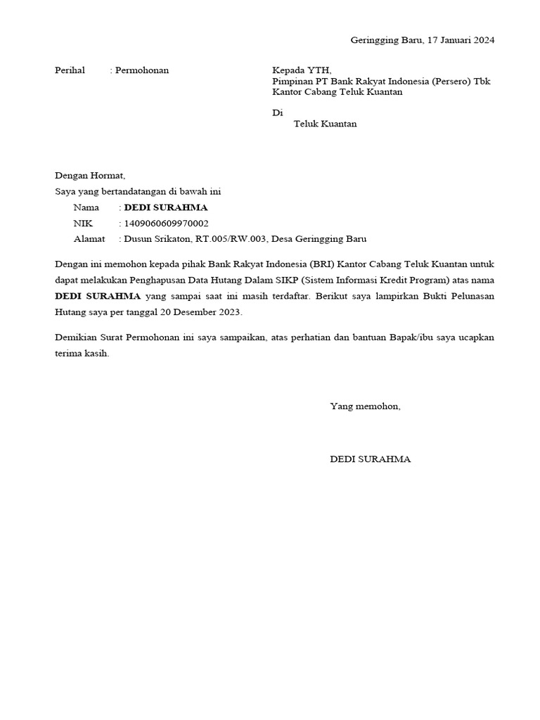 Permohonan Penghapusan Data Hutang Di SIKP | PDF