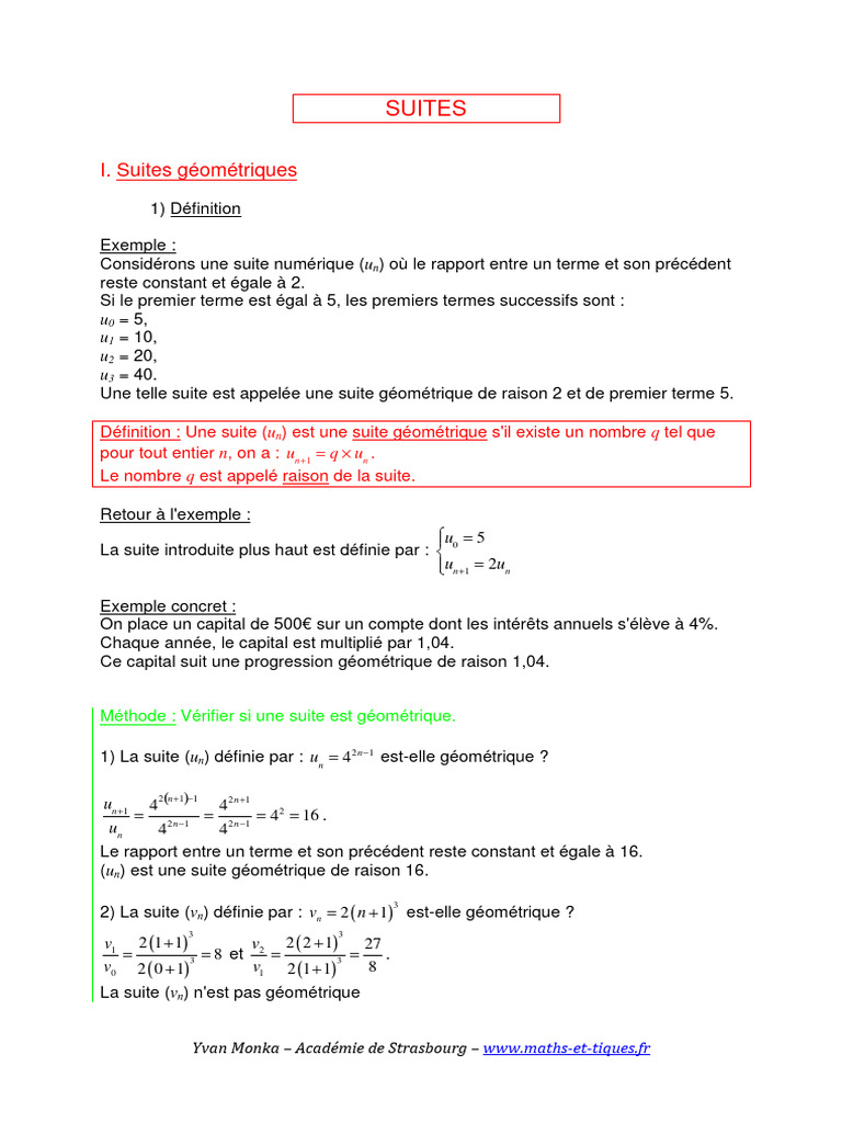 Suites géométriques : Définitions et Limites | PDF | Mathématiques
