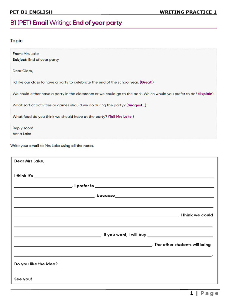 PET WRITING - PRACTICE 1 | PDF