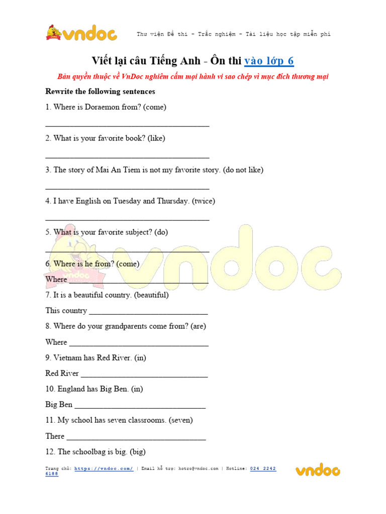 Viet Lai Cau Tieng Anh On Thi Vao Lop 6 | Download Free PDF | Vietnamese People | Vietnam