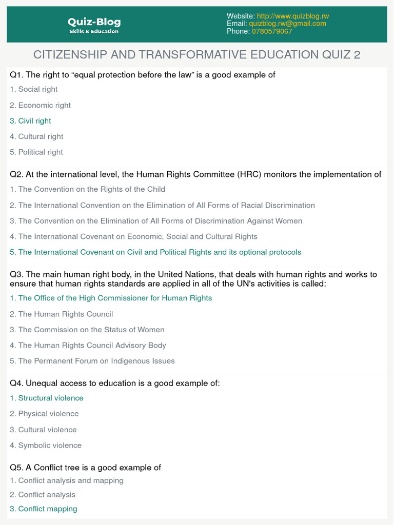 Citizenship and Transformative Education Quiz | PDF | Human Rights | Peace