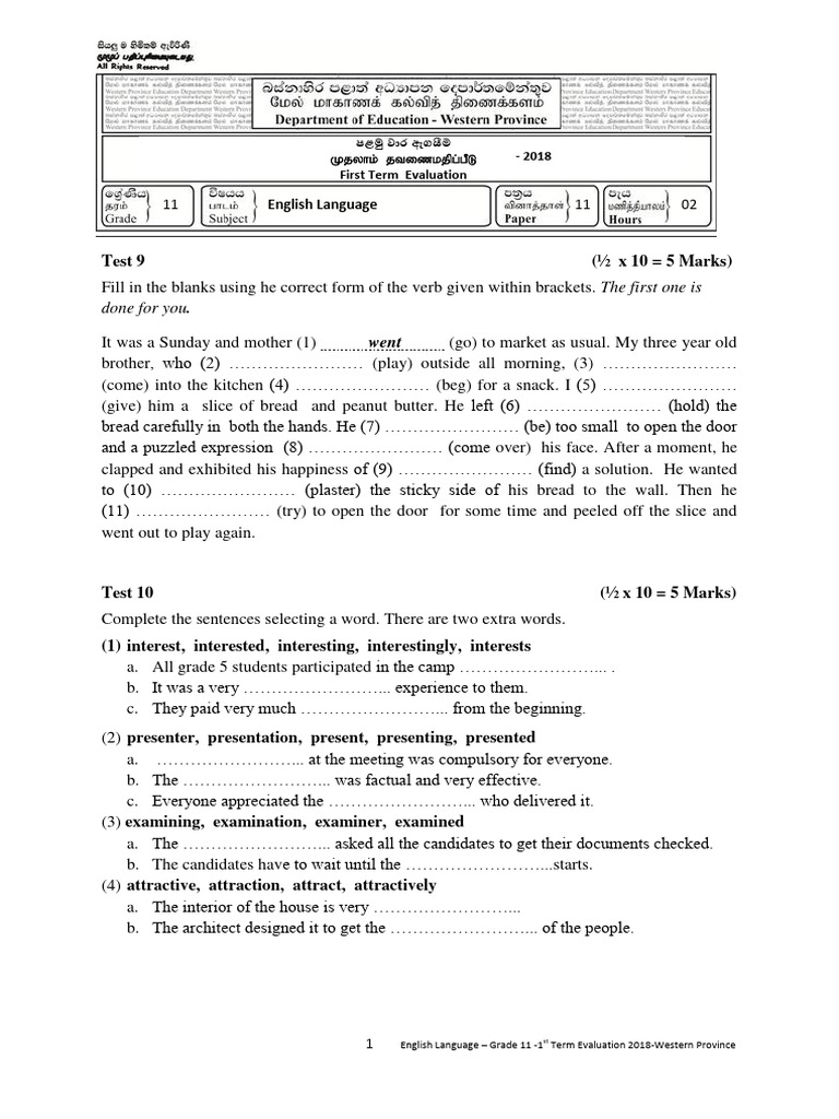 Grade 11 - English - Paper 11 | PDF | Waiting Staff